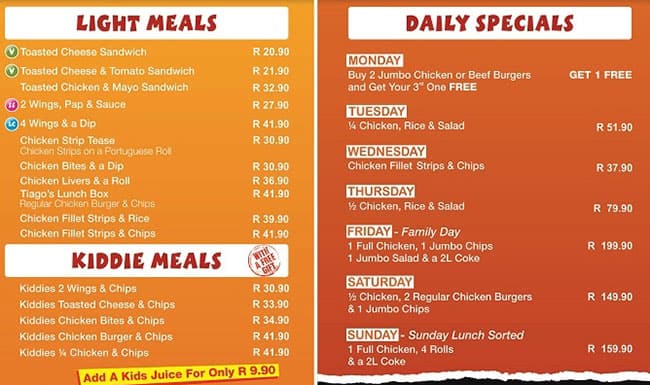 Menu at Tiago's Margate restaurant, Margate, 76 Marine Drive