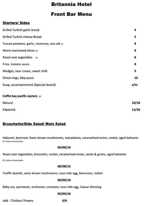 Menu at Britannia Hotel pub & bar, Norwood