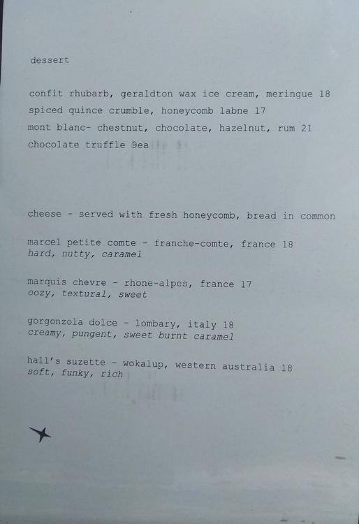 Menu at Balthazar restaurant, Perth