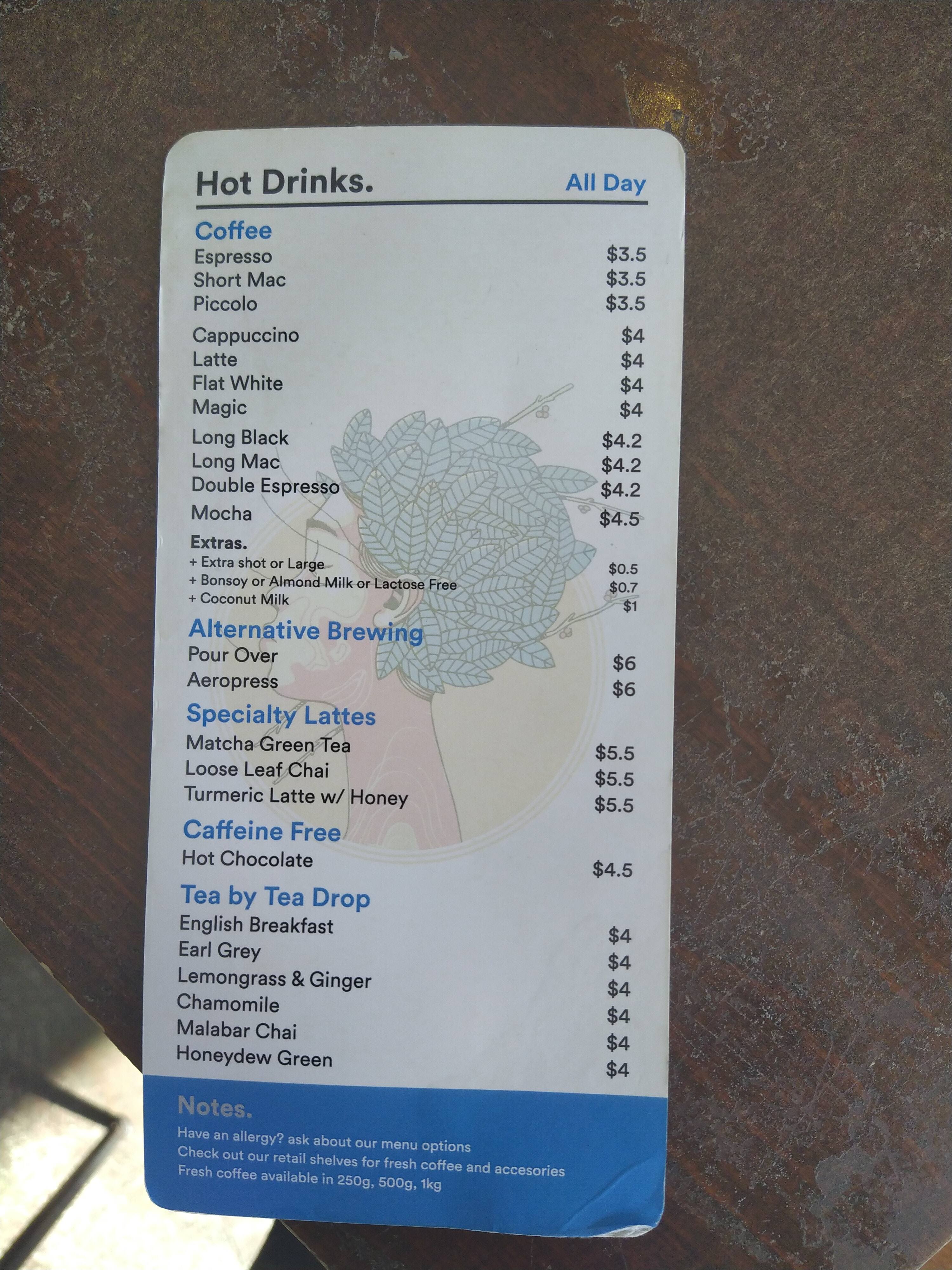 Menu at Port City Roasters cafe, South Fremantle