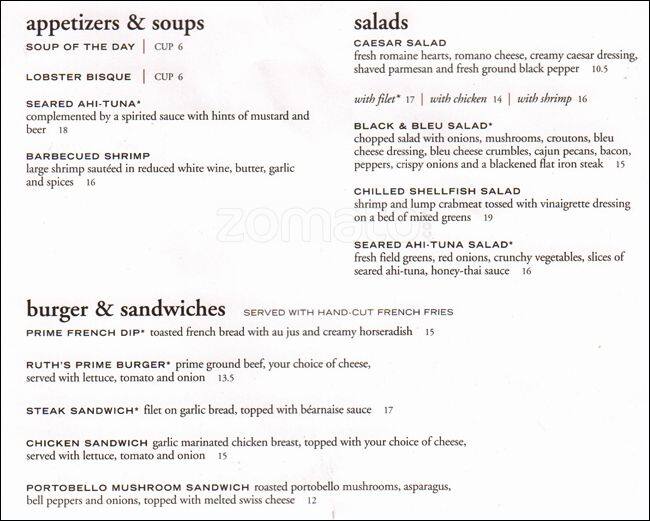 Ruth's Chris Steak House - Grand Hyatt Menu - Urbanspoon/Zomato