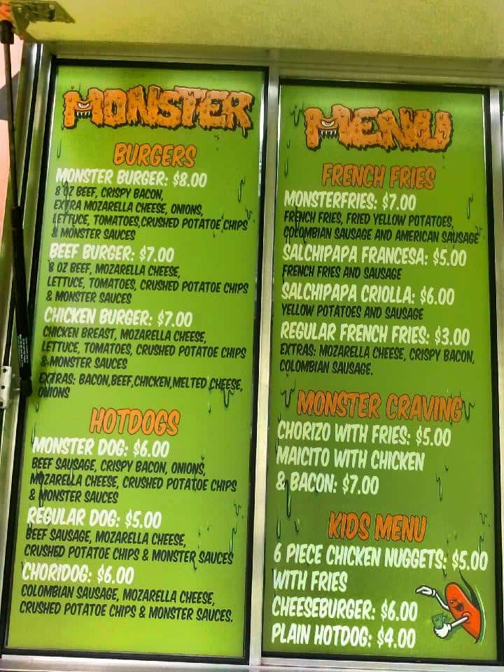 Menu at Monster Burgers, Miami