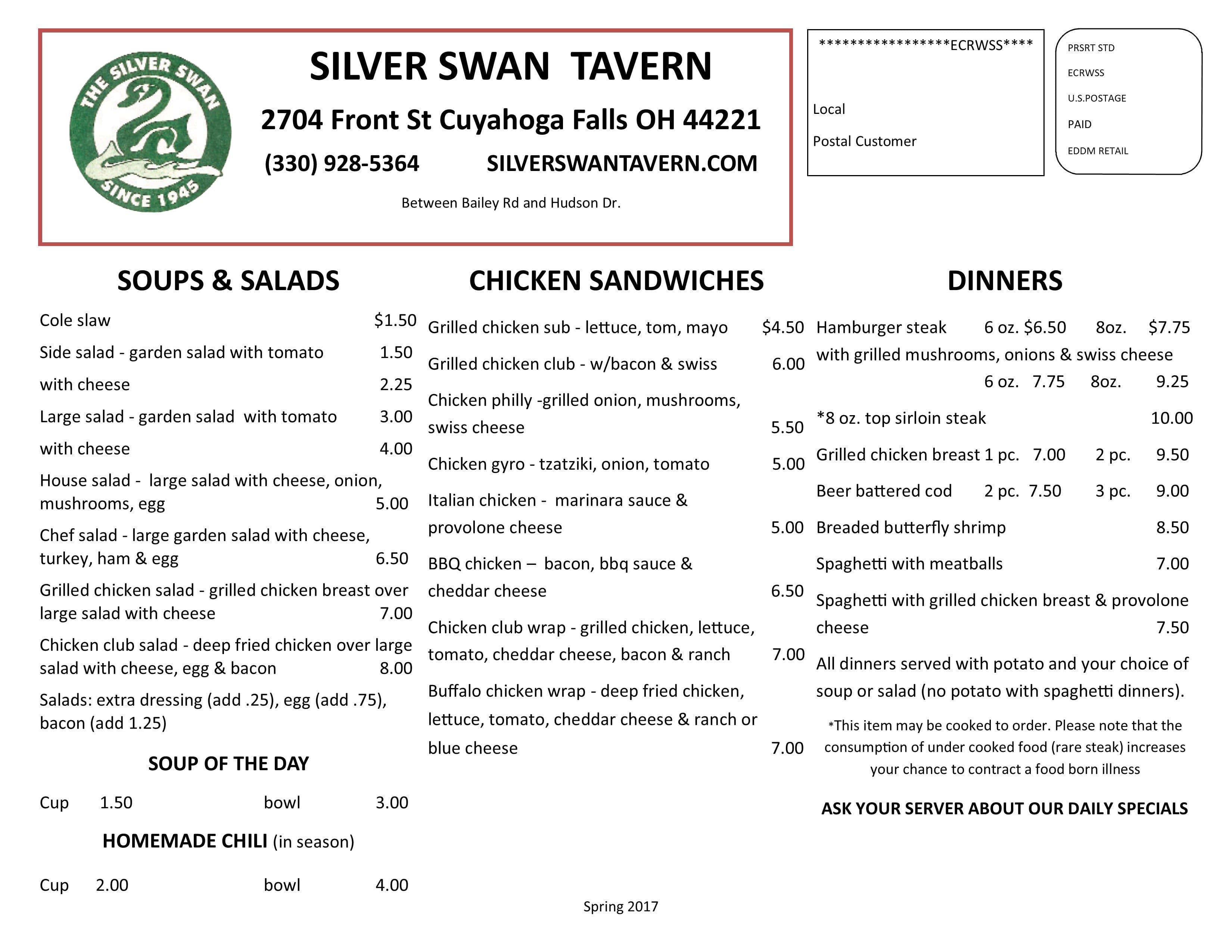 Menu at Silver Swan pub & bar, Cuyahoga Falls, Front St