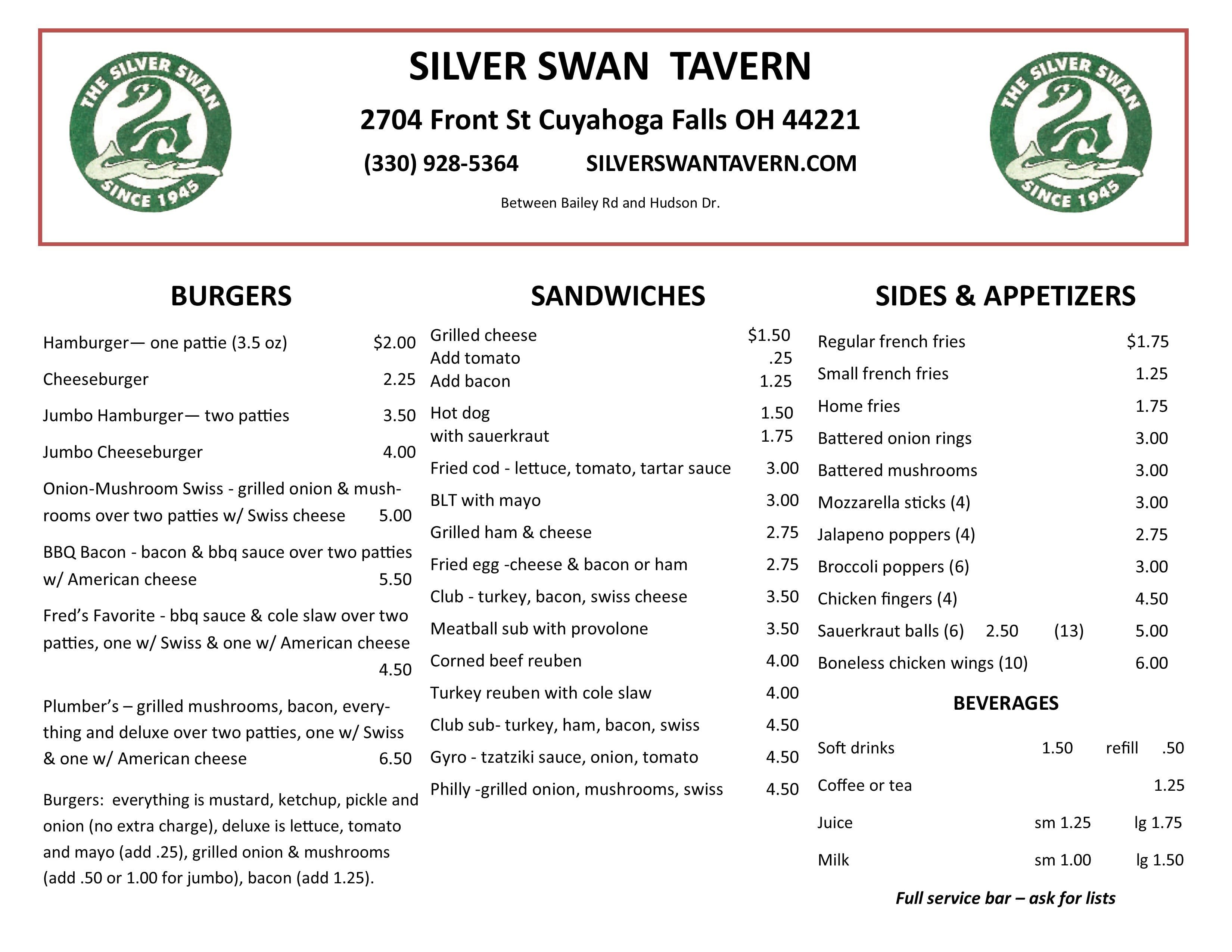 Menu at Silver Swan pub & bar, Cuyahoga Falls, Front St