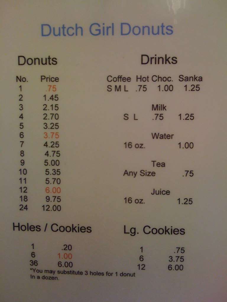 Menu at Dutch Girl Donuts, Detroit