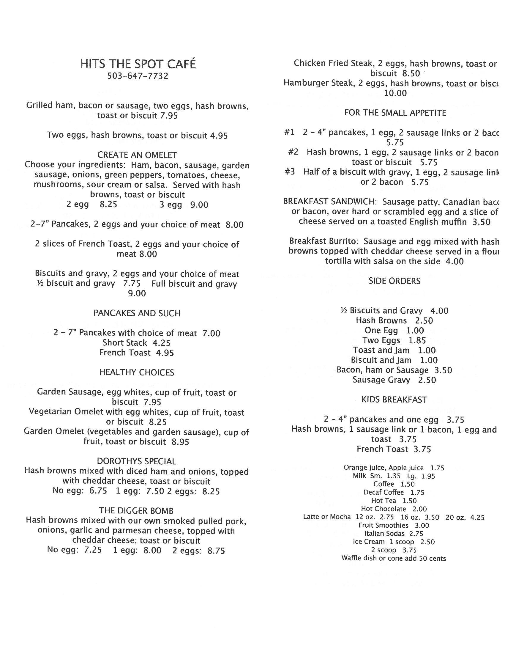 Menu at Hits the Spot cafe, North Plains