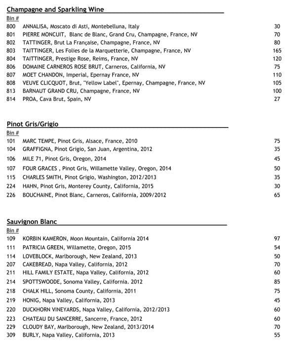 Menu at Mimosa Grill restaurant, Charlotte, 327 S Tryon St