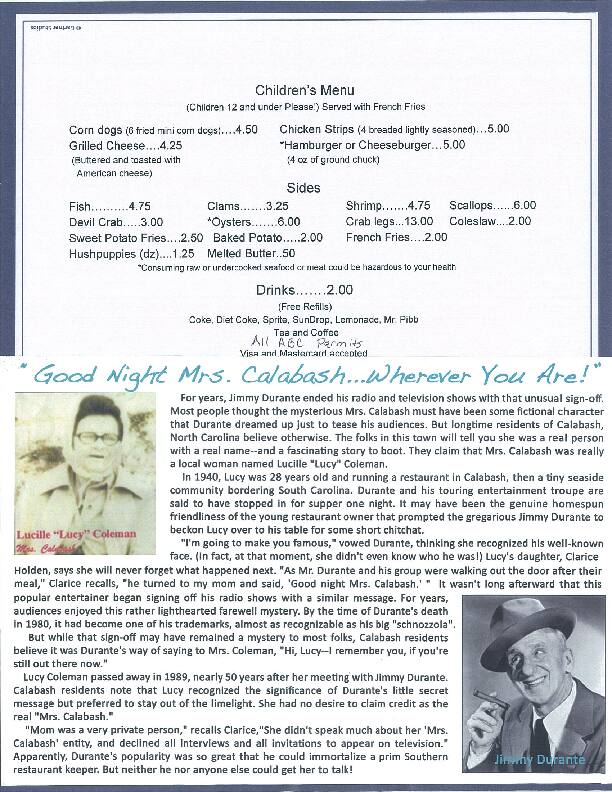 Menu at Coleman's Original Calabash restaurant, Calabash