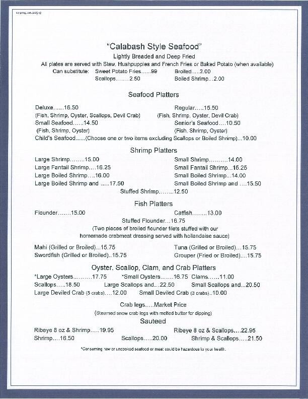 Menu at Coleman's Original Calabash restaurant, Calabash