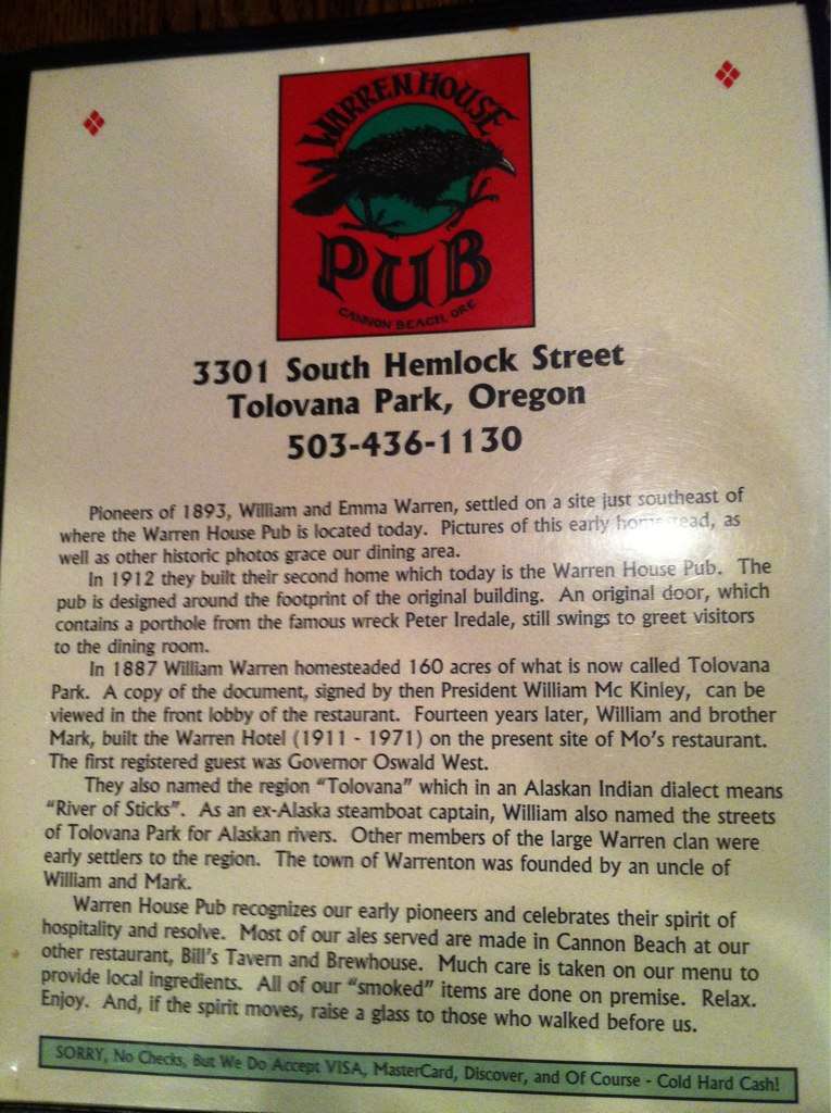 Menu at Warren House Pub, Cannon Beach