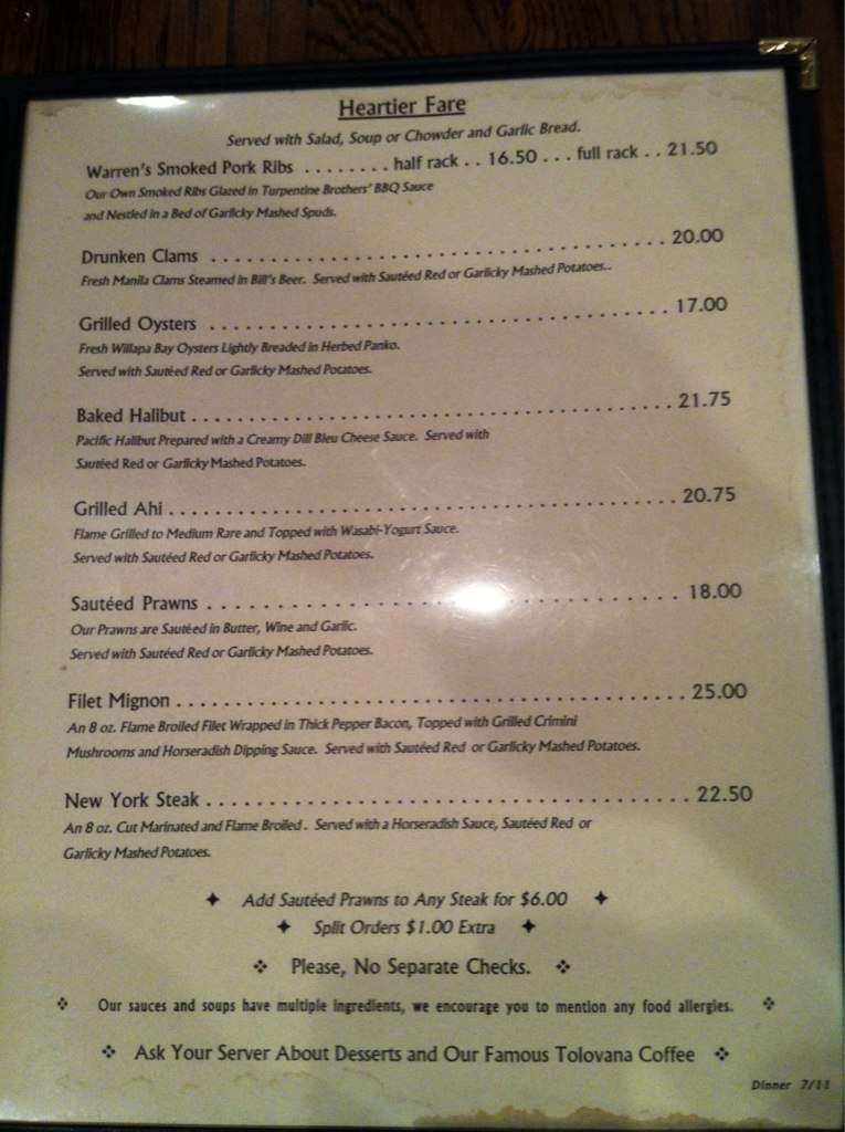 Menu at Warren House Pub, Cannon Beach