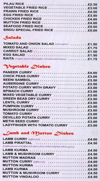 Menu at Sindu Mahal restaurant, London, 274 Barking Road