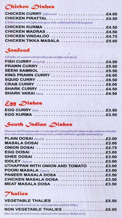 Menu at Sindu Mahal restaurant, London, 274 Barking Road