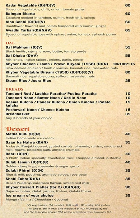 Menu at Khyber restaurant, Dubai