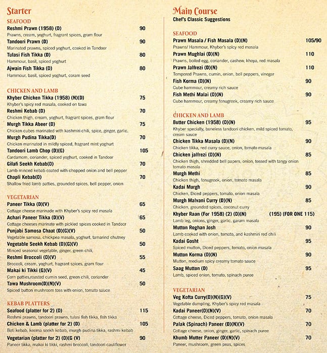 Menu at Khyber restaurant, Dubai