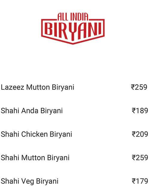 Menu of All India Biryani, Ekkaduthangal, Chennai