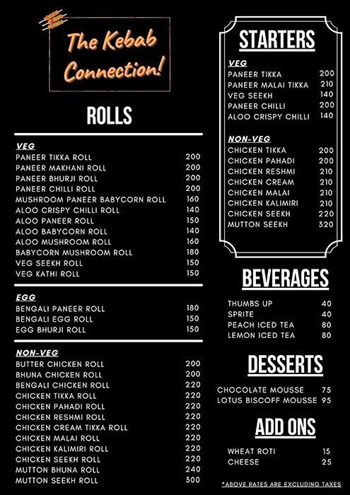 Menu of The Kebab Connection, Breach Candy, Mumbai