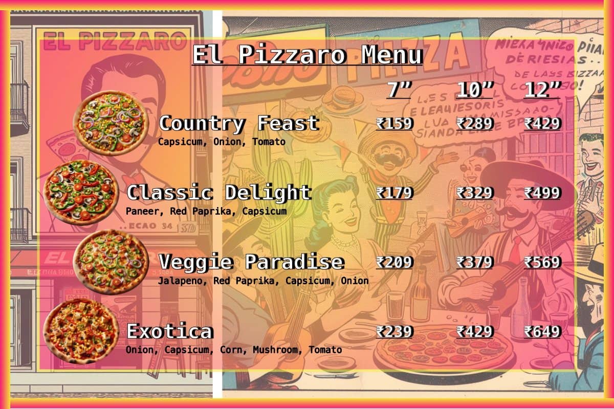 Menu of El Pizzaro, DLF Phase 1, Gurgaon