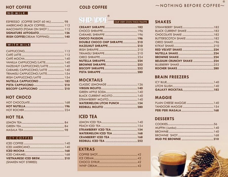 Menu of Nothing Before Coffee, Delhi University-GTB Nagar, New Delhi