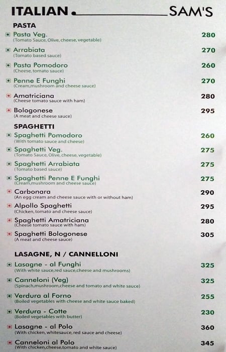 Menu of Sam's Restaurant & Bar, Paharganj, New Delhi