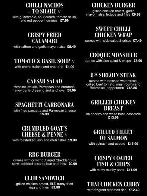 Menu at RBG @ Park Inn pub & bar, Manchester, Park Inn