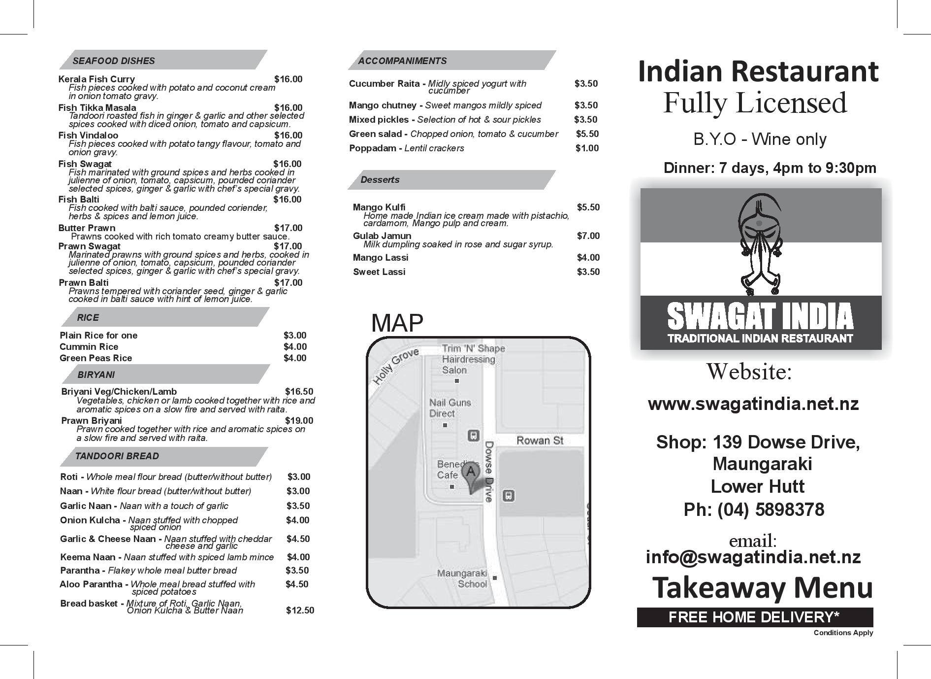 Menu at Indian Swag restaurant, Lower Hutt, 139 Dowse Dr