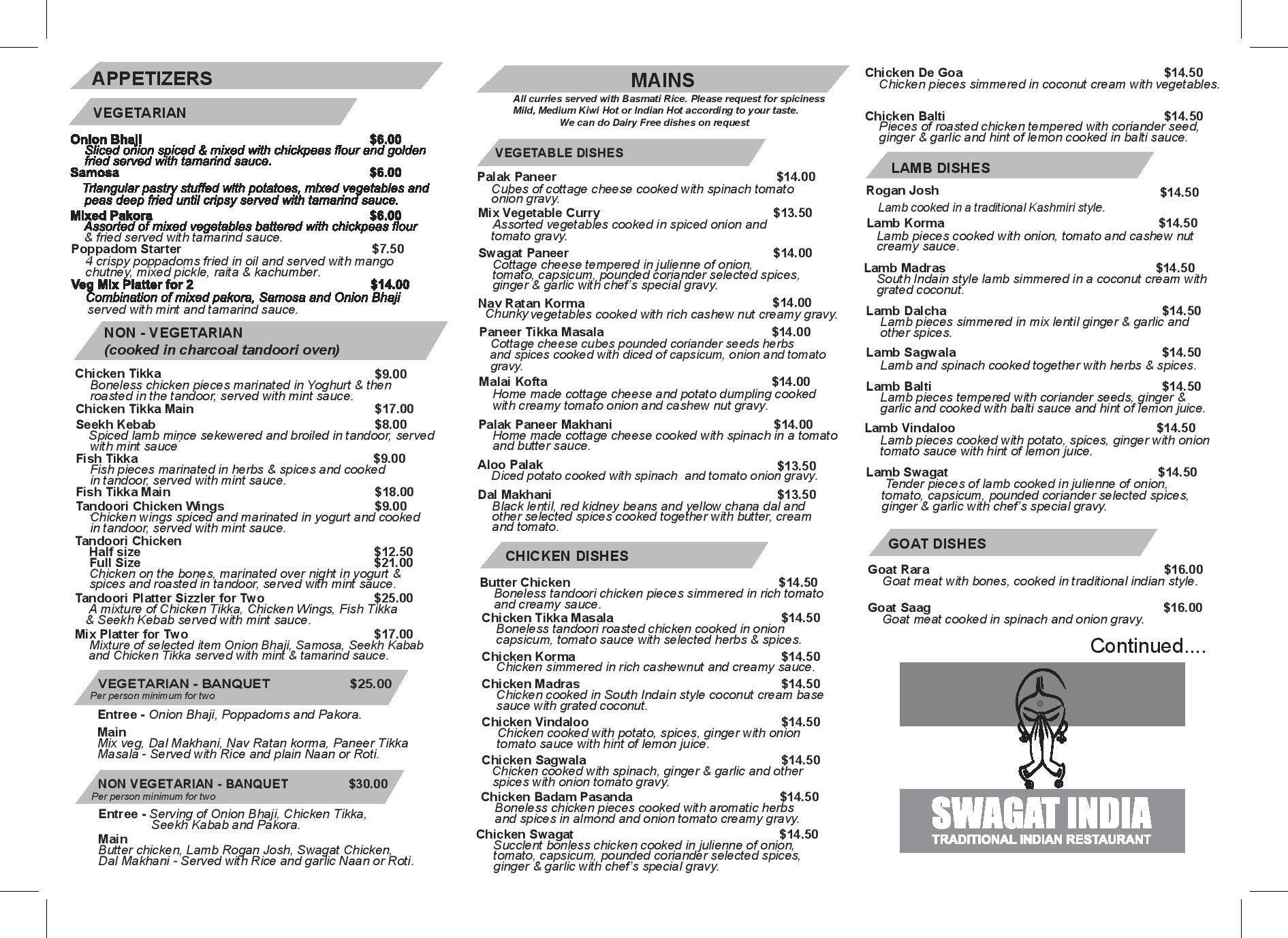 Menu at Indian Swag restaurant, Lower Hutt, 139 Dowse Dr