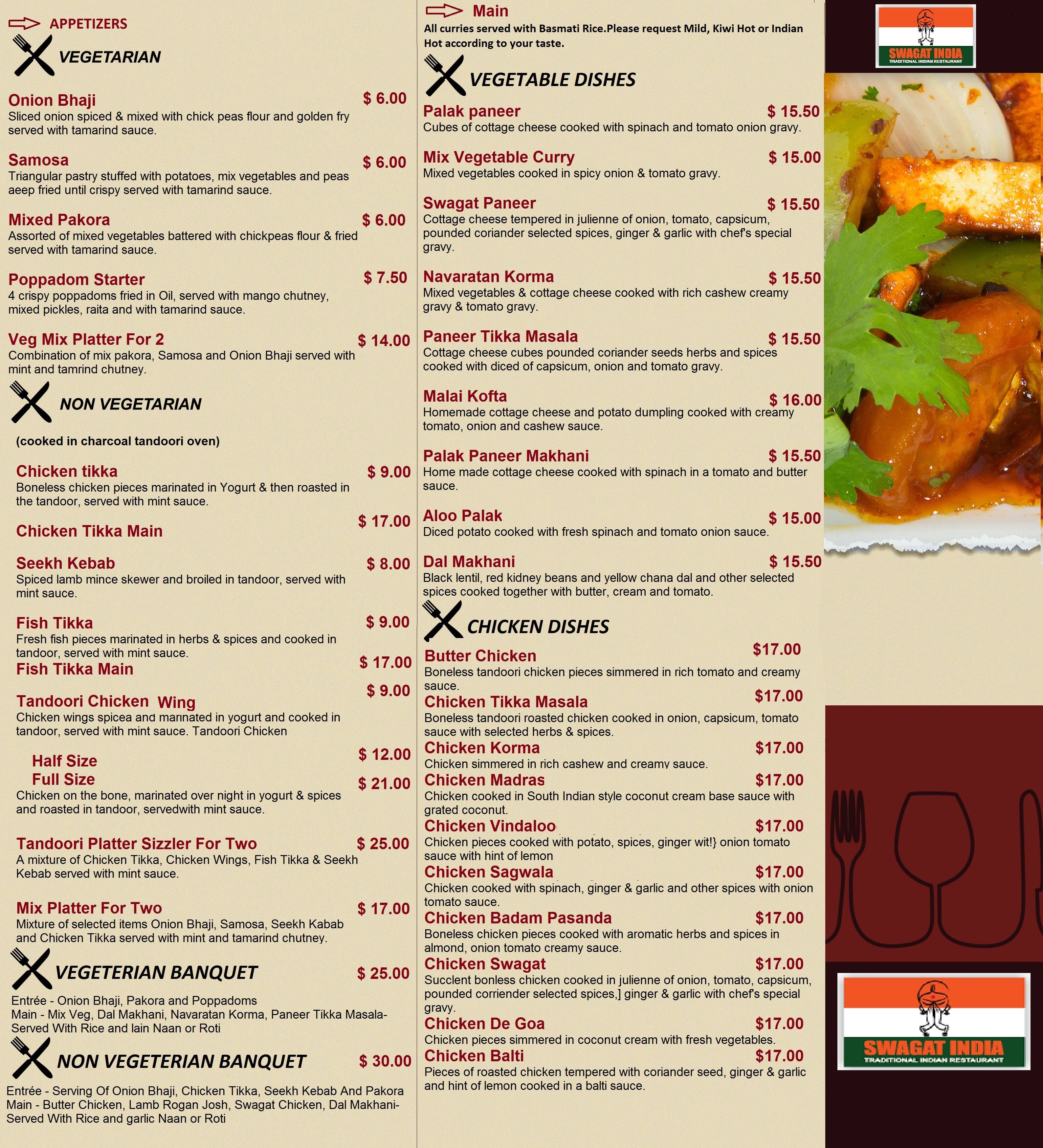 Menu at Indian Swag restaurant, Lower Hutt, 139 Dowse Dr
