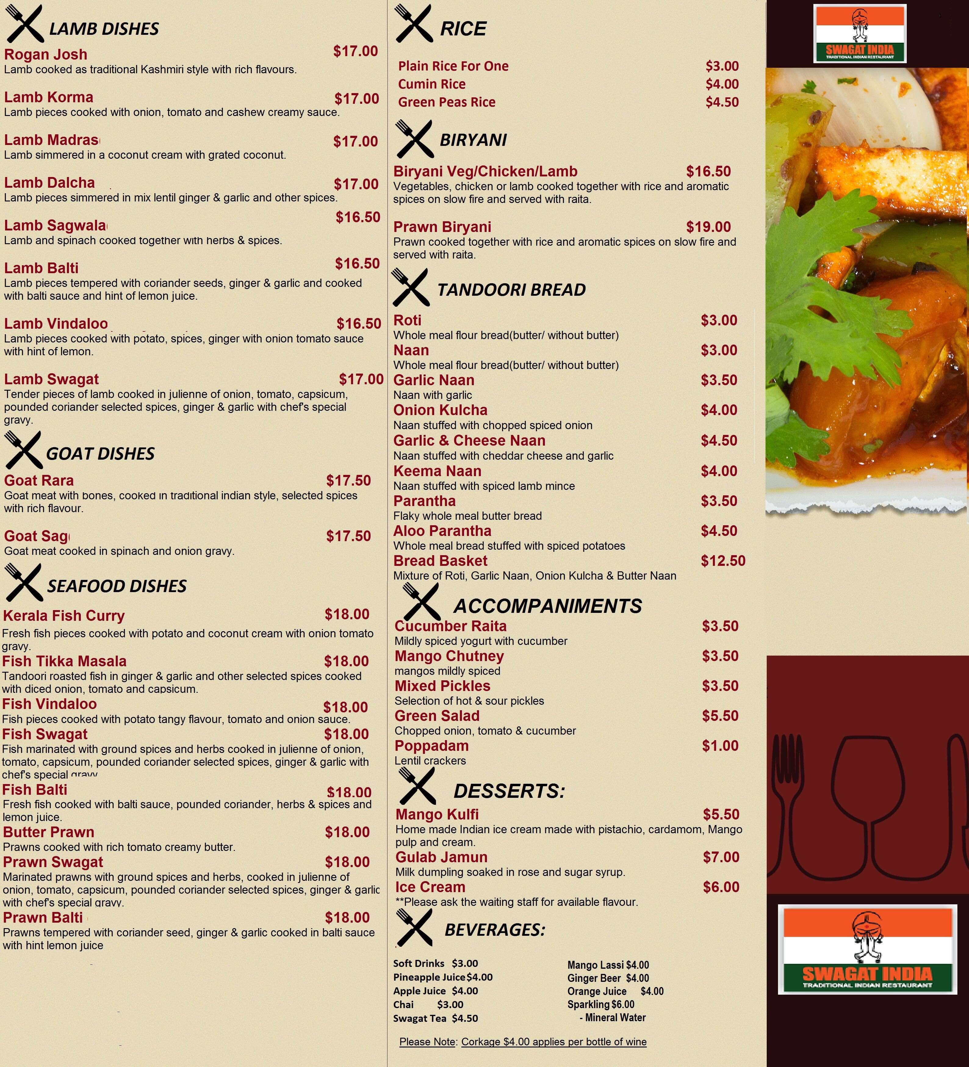 Menu at Indian Swag restaurant, Lower Hutt, 139 Dowse Dr