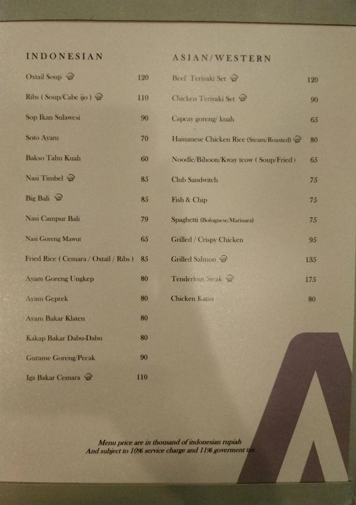 Menu at Grand Cemara Hotel cafe, Jakarta