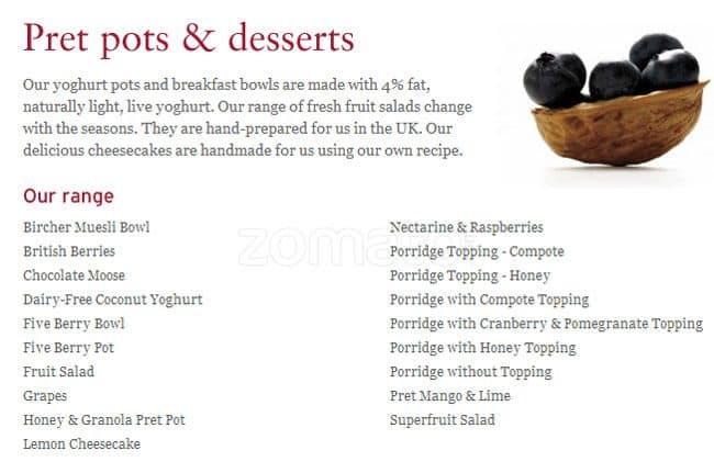 Menu at Pret A Manger cafe, Edinburgh, 51 Hanover St