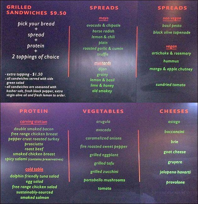 Menu at Sandwich Box fast food, Toronto, Bay St.