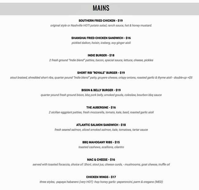 Menu at Indie Alehouse Brewing Co. pizzeria, Toronto