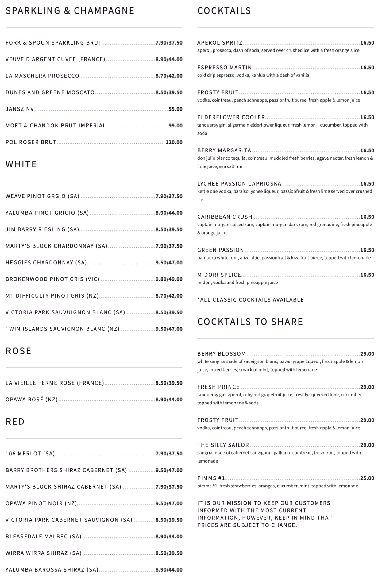 Menu at Pontoon Bar, Sydney, Cockle Bay Wharf