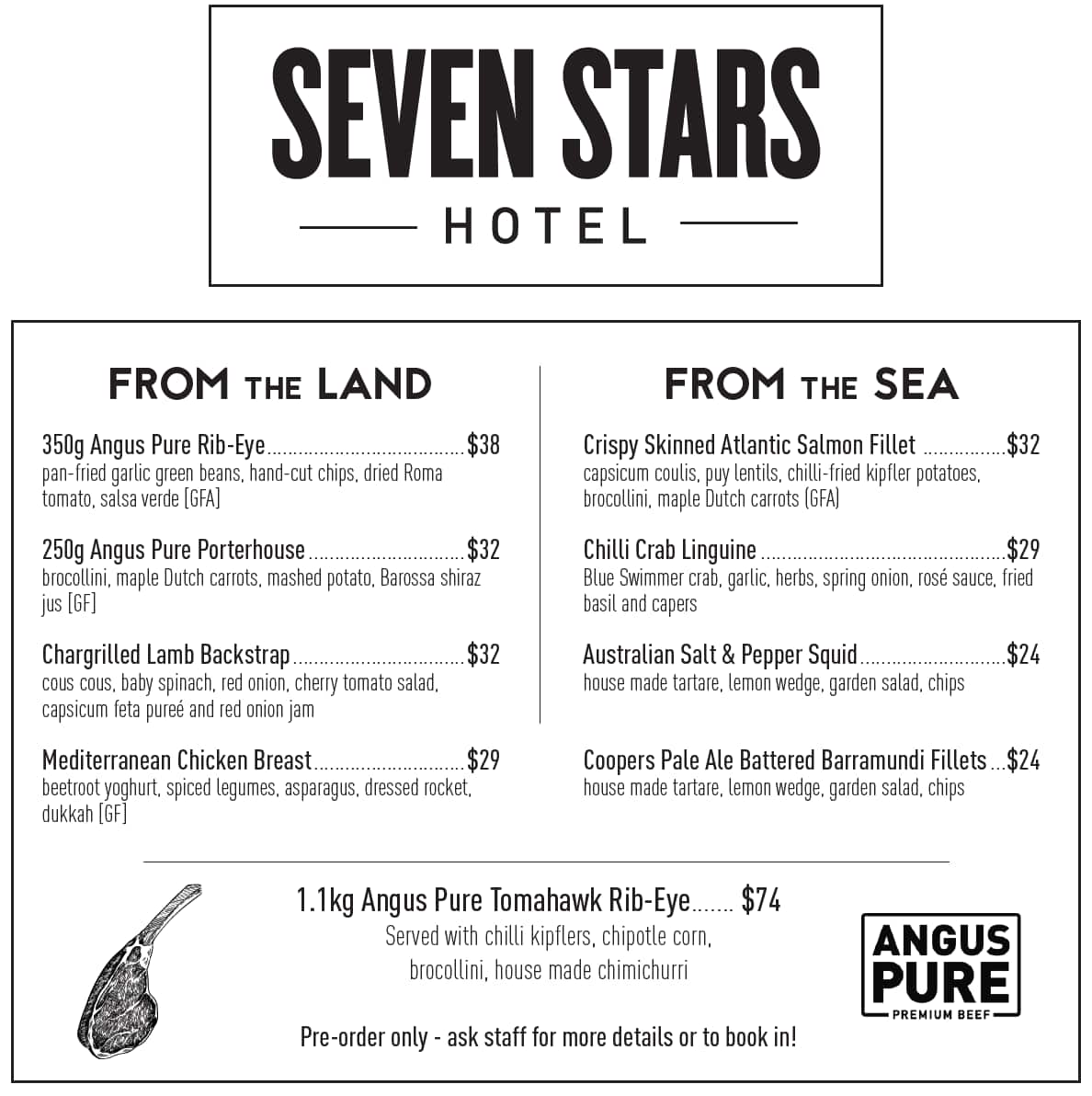 Menu at Seven Stars Hotel restaurant, Adelaide