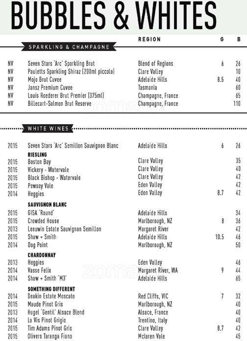 Menu at Seven Stars Hotel restaurant, Adelaide