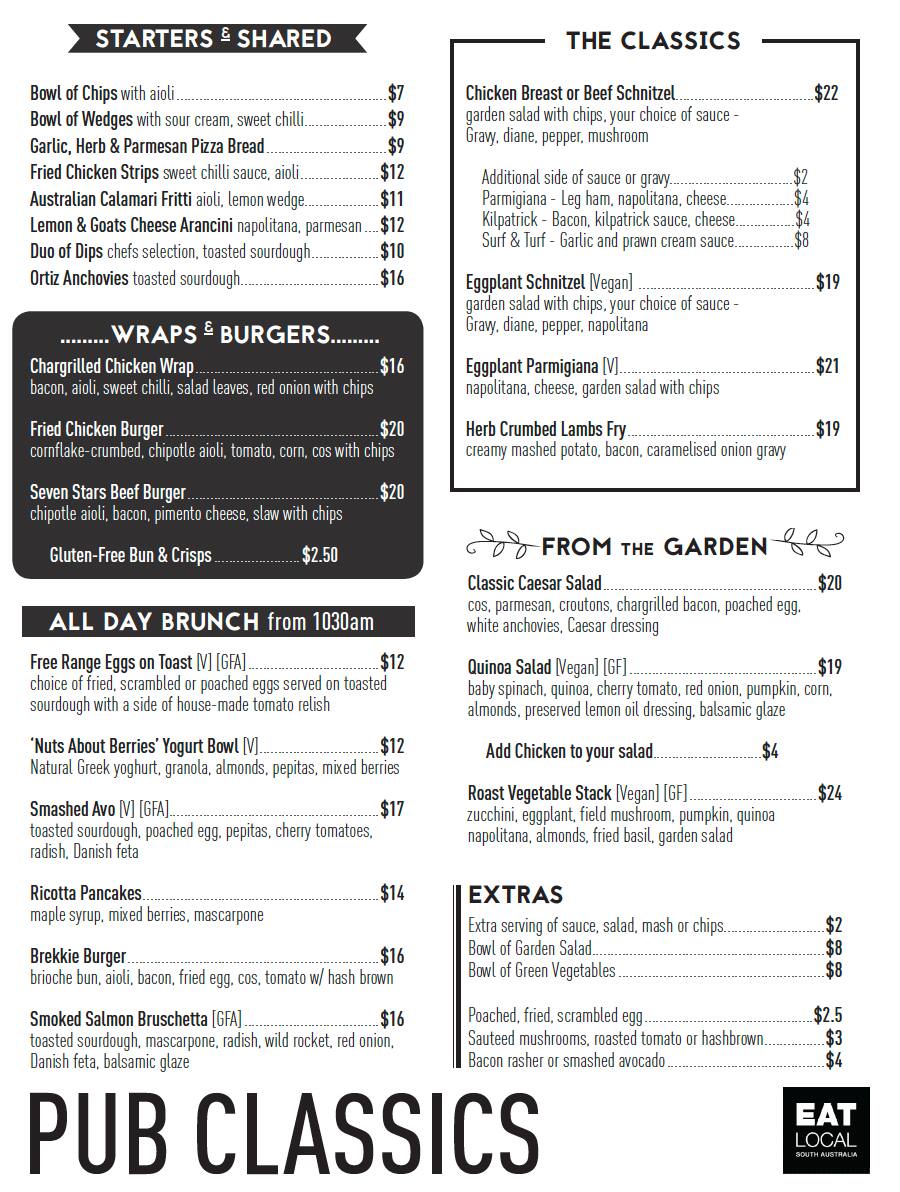 Menu at Seven Stars Hotel restaurant, Adelaide