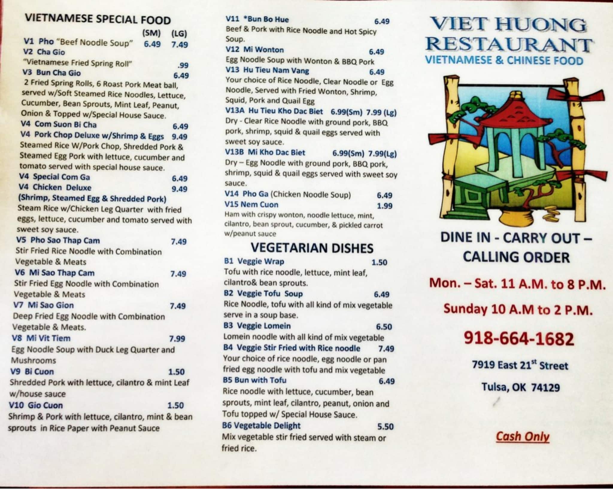 Menu at Viet Huong restaurant, Tulsa
