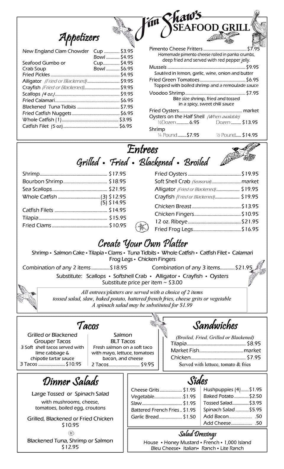 Menu at Jim Shaw's Seafood Grill restaurant, Macon