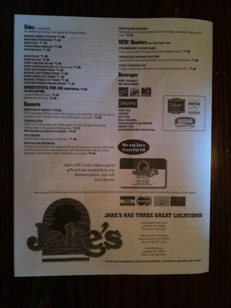 Menu at Jakes steakhouse, Mount Vernon