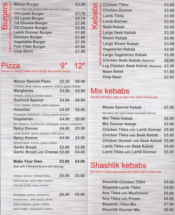 Menu at Mazaa restaurant, Manchester, 604 Stockport Rd
