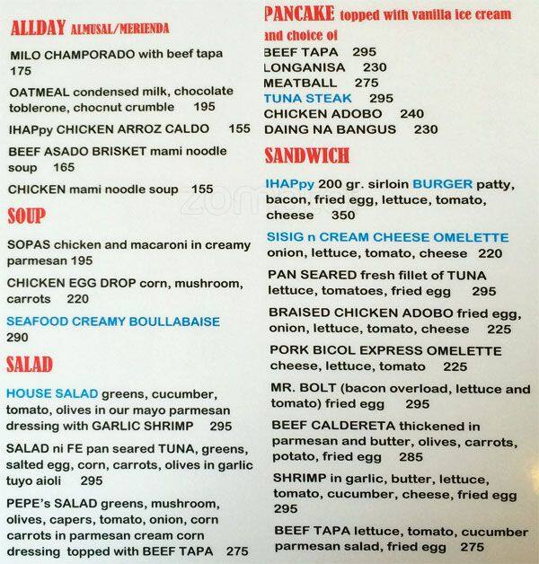 Menu at IHAP International House of Almusal ng Pinoy restaurant, Parañaque