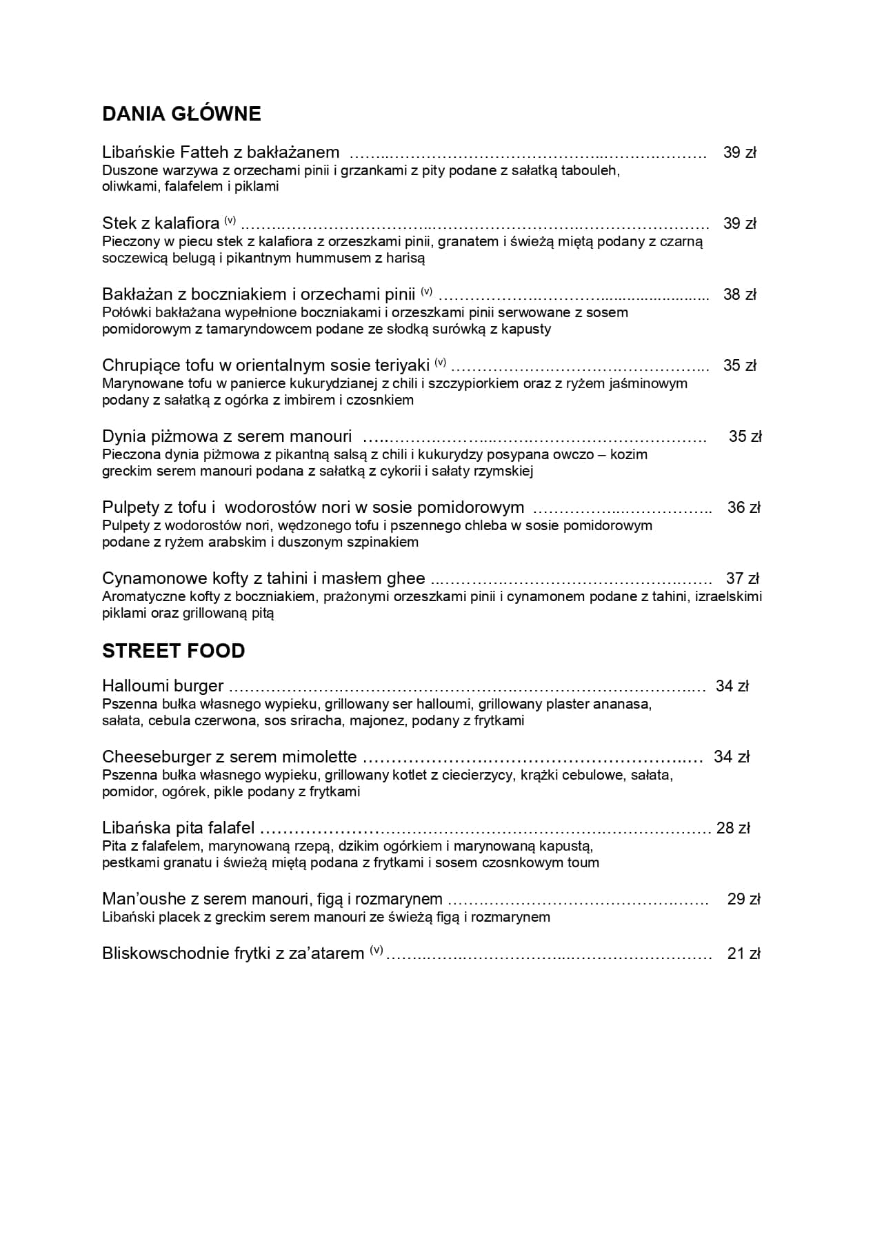 Menu at Shuk restaurant, Warsaw