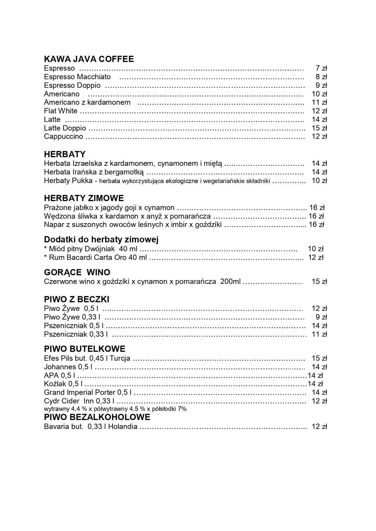 Menu at Shuk restaurant, Warsaw