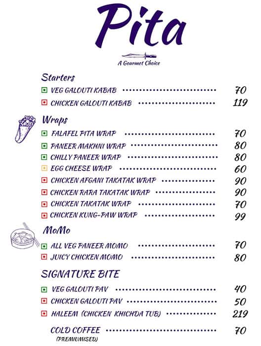 Menu of Pita, Sethi Nagar, Ujjain