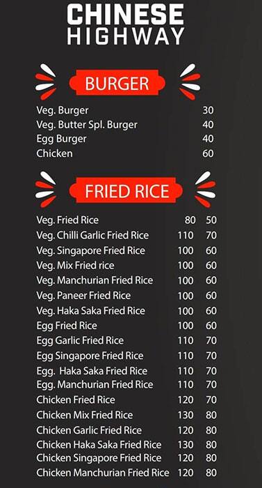 Menu of Chinese Highway, Govindpuri, New Delhi
