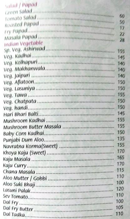 Menu at Ashirwad Restaurant & Banquet, Vadodara