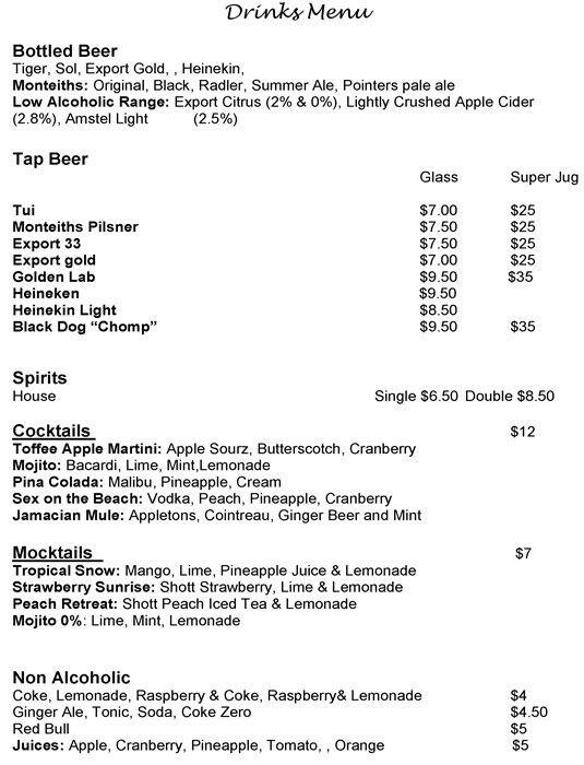 Menu at Wairarapa Trading Company pub & bar, Masterton