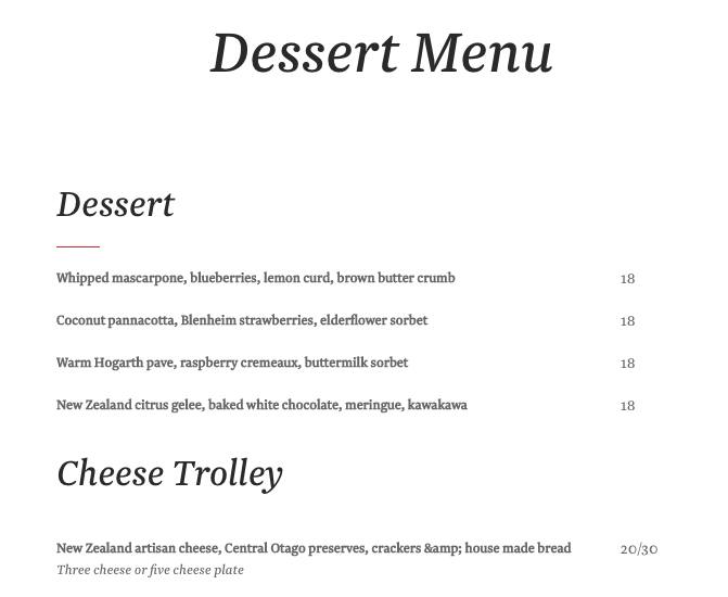 Menu at Rata restaurant, Queenstown