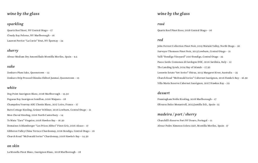 Menu at Rata restaurant, Queenstown